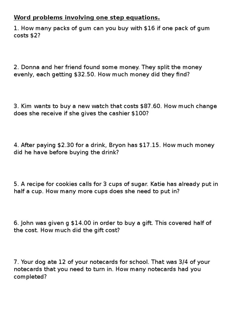 Word Problems Involving One Step Equations | PDF