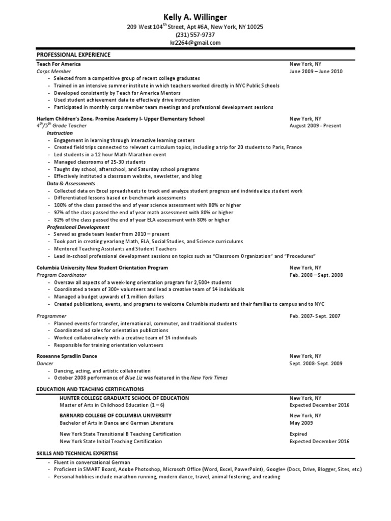 Eportfolio Resume Kelly Willinger | PDF | Teach For America | Teachers