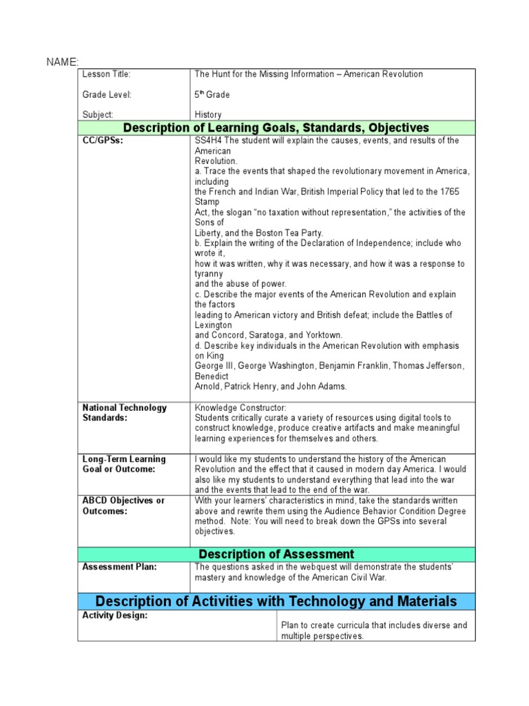 Lesson Plan | PDF | American Revolution | Lesson Plan
