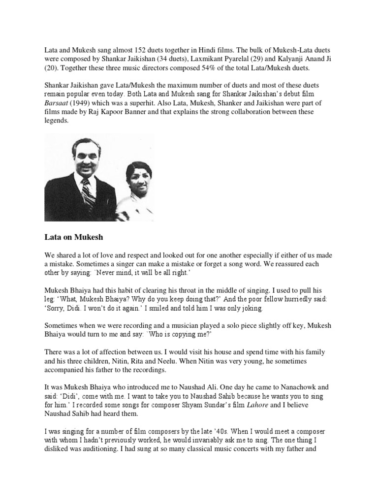 Mukesh-Lata Duets: A Complete List | PDF | Cinema Of India | Bollywood