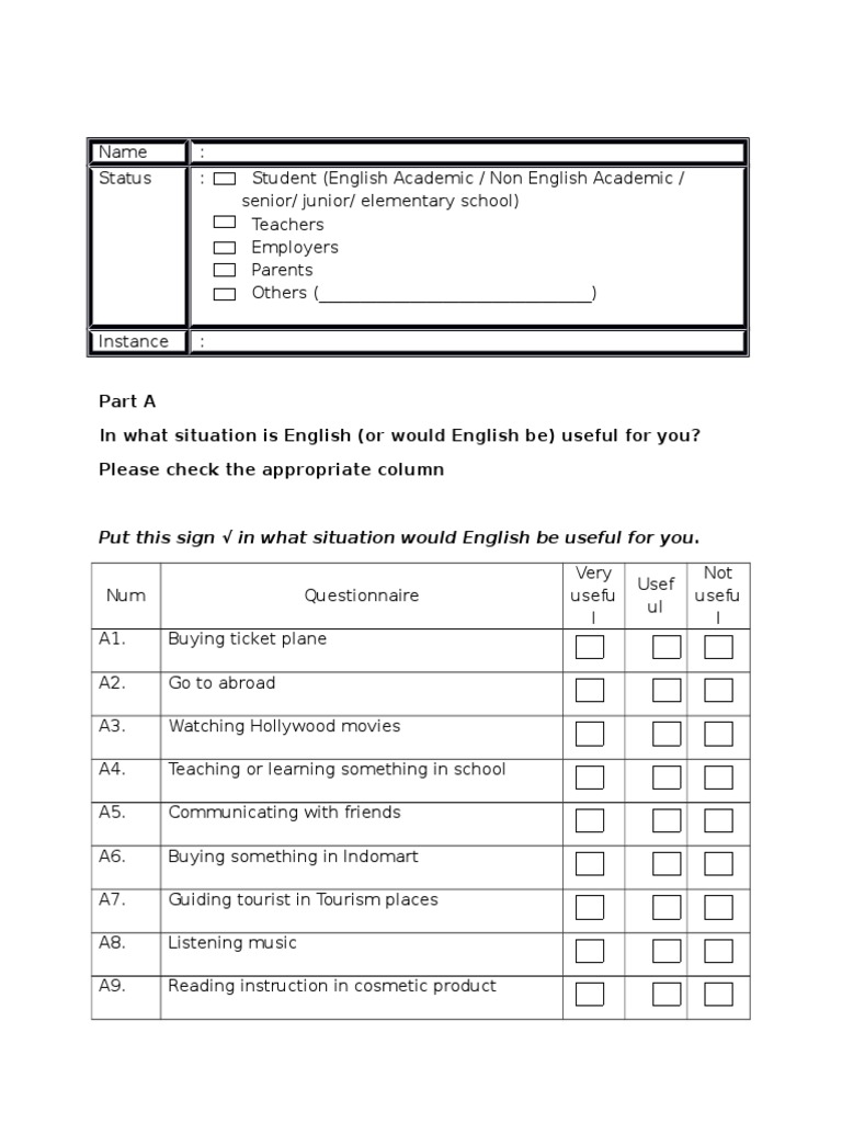 Needs Analysis Questionnaire For English | PDF | English Language | Chess