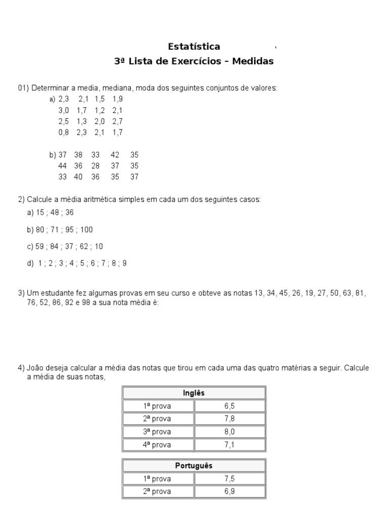 Lista de Matematica - Moda, Mediana e Média - 7 Ano | PDF