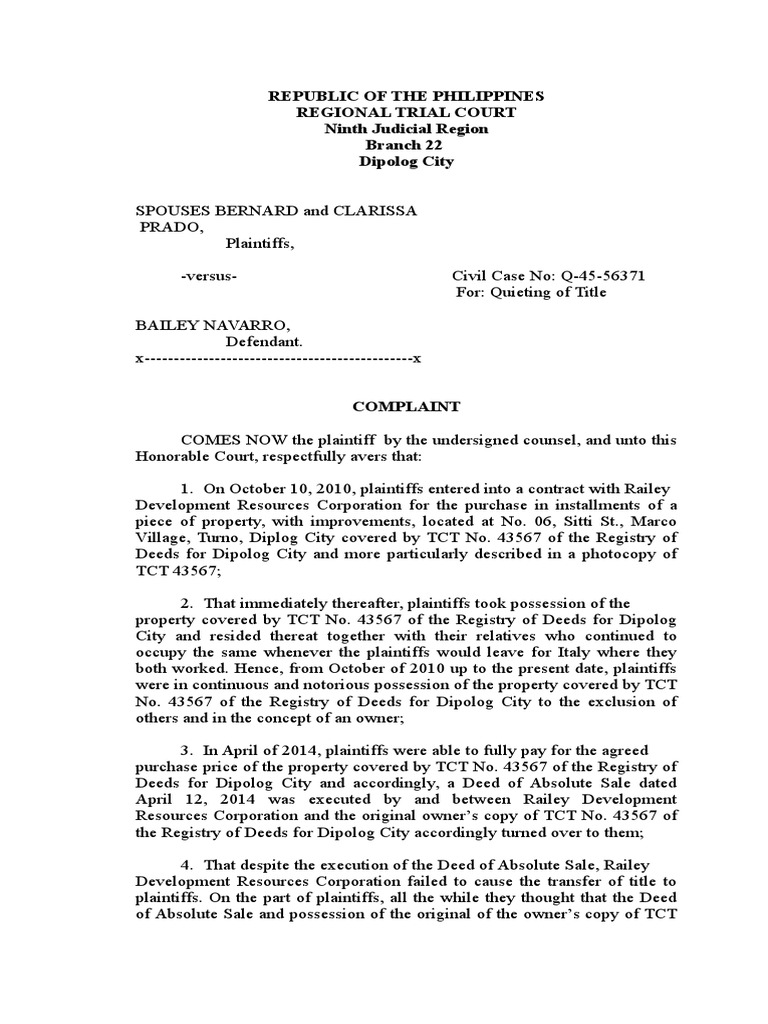 Complaint of Quieting of Title | PDF | Deed | Private Law