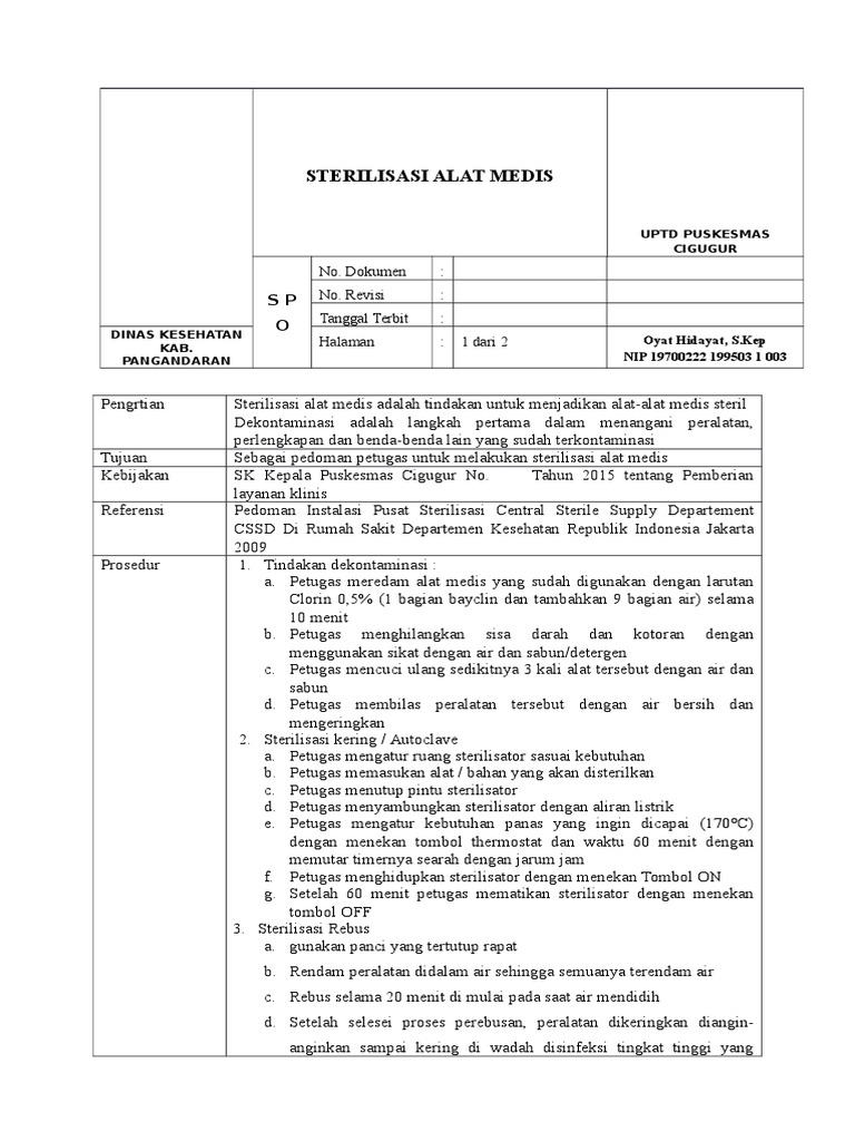 Sop Sterilisasi Alat Medis | PDF