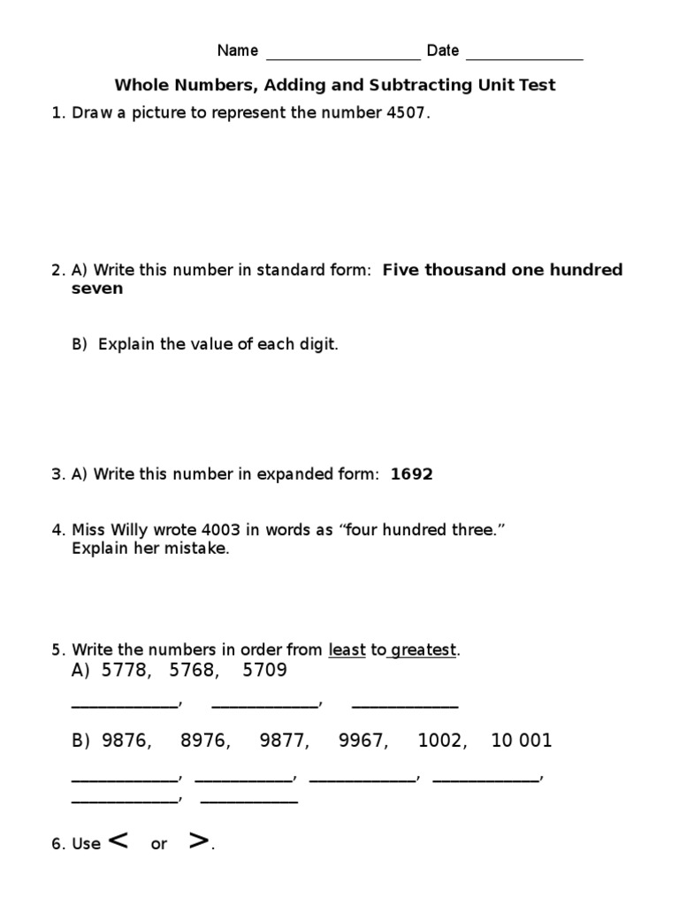Whole Numbers Unit Test | PDF | Summation | Numbers