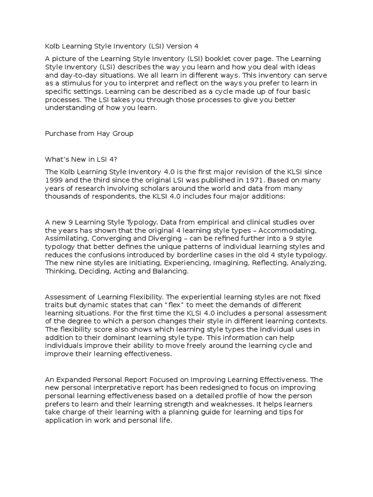 Kolb Learning Style Inventory | PDF | Learning Styles | Applied Psychology