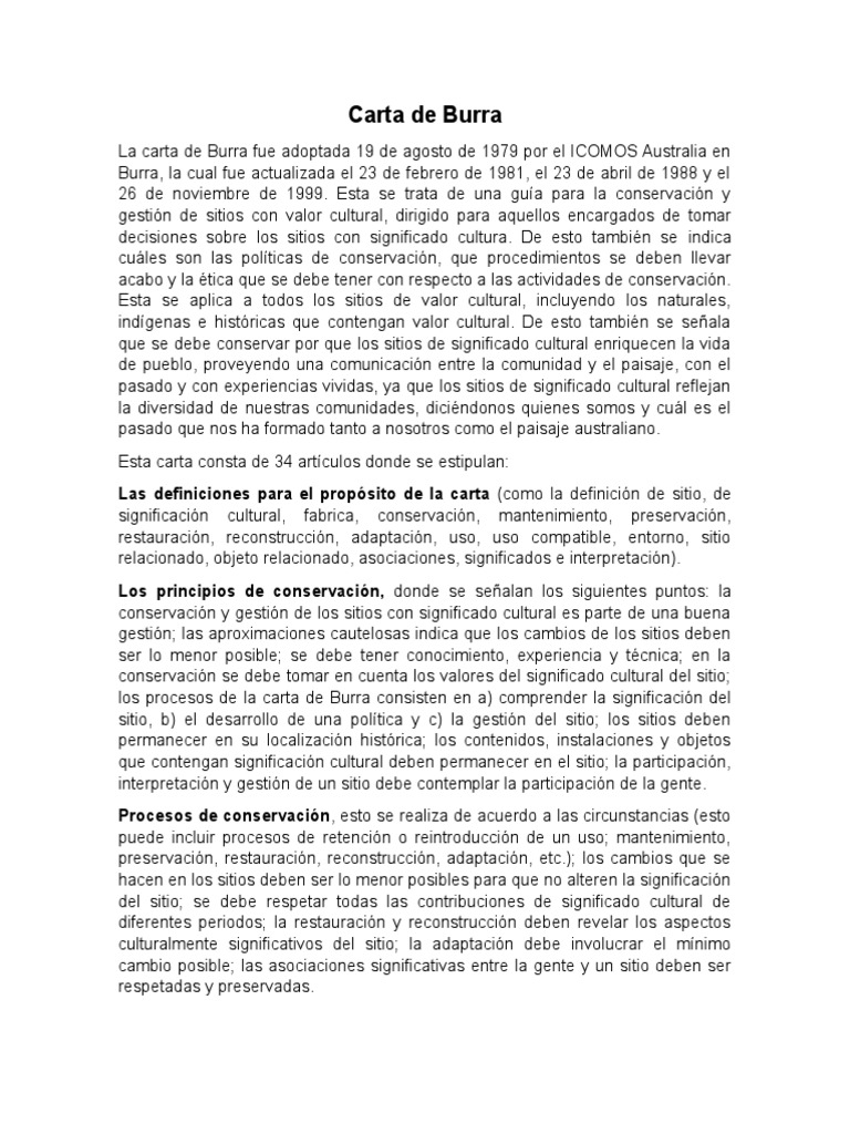 Carta de Burra (Carta Del ICOMOS Australia para Sitios de Significación ...