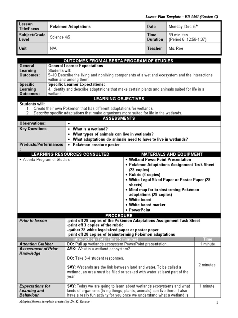 Part A Pokemon Adaptations | PDF | Wetland | Lesson Plan