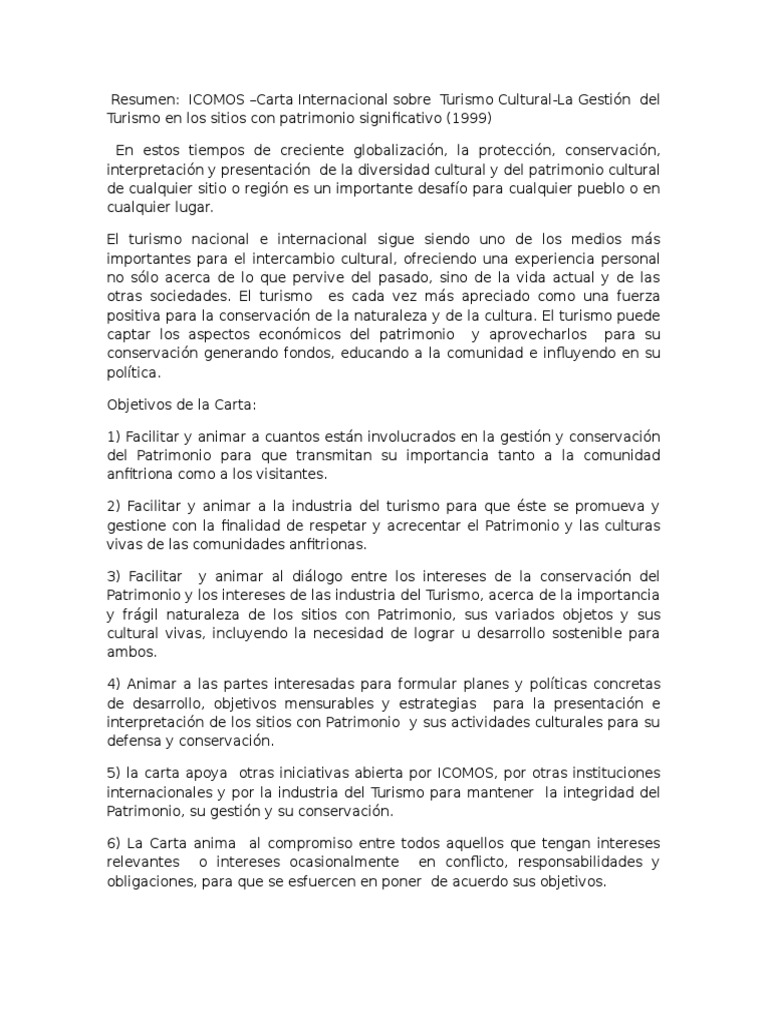 Carta Internacional Sobre El Turismo Cultural, La Gestión Del Turismo en Los Sitios Con ...