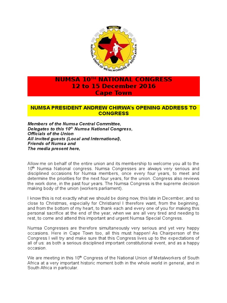 Numsa President Andrew Chirwa's Opening Address To Congress | PDF ...