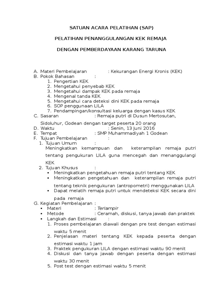 Sap Pelatihan Kek Remaja | PDF