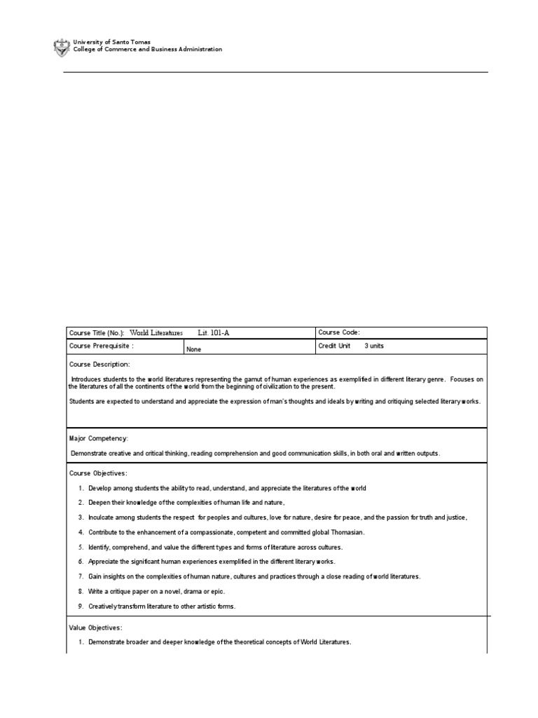 World Literature Syllabus: Lit 101-A | PDF | Critical Thinking | Poetry