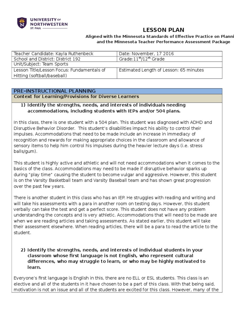 Lessonplan Softball Final | PDF | Educational Assessment | Lesson Plan