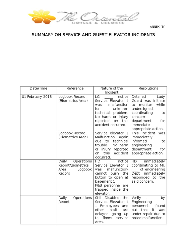 Summary on Service and Guest Elevator Incidents Annex b | Elevator ...