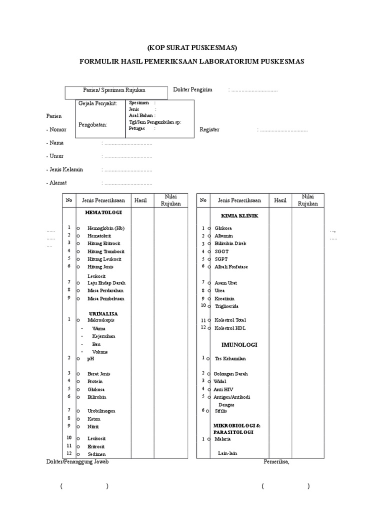 Formulir Hasil Pemeriksaan Laboratorium Puskesmas