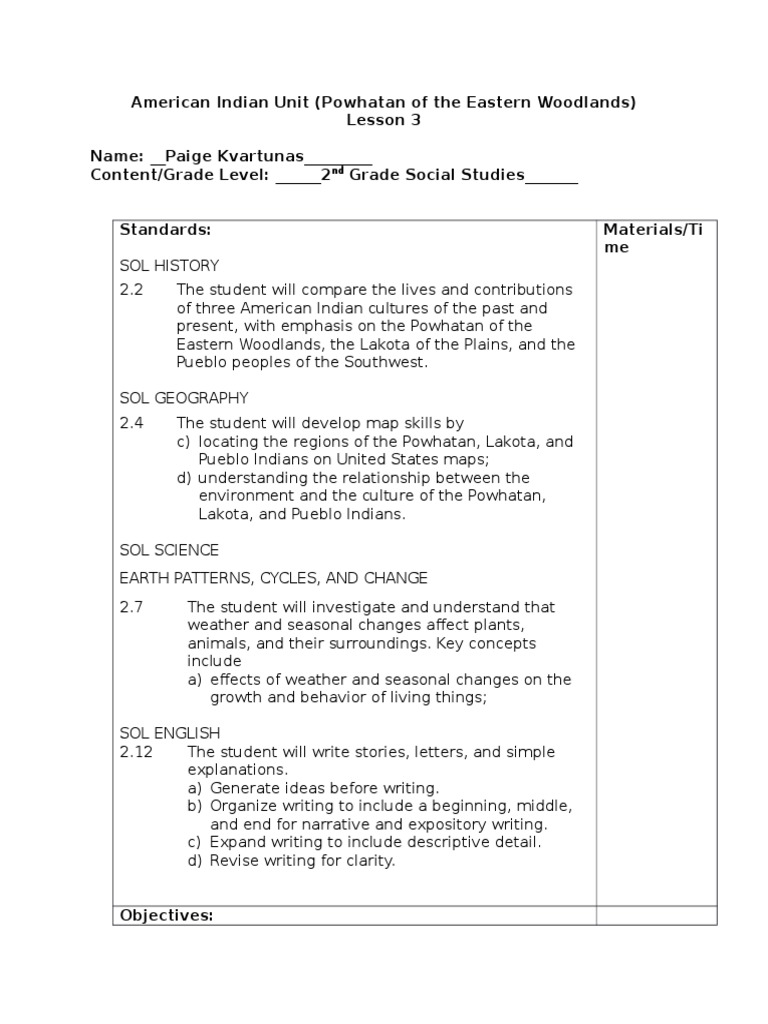 American Indian Unit (Powhatan of The Eastern Woodlands) Lesson 3 Name ...