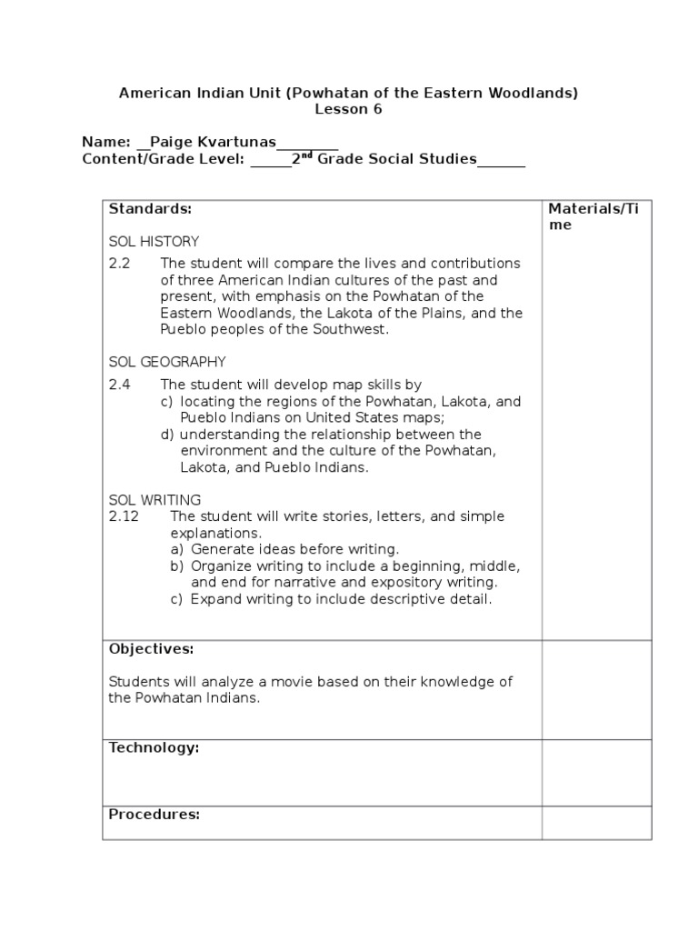 Powhatan Indians Lesson Plan for 2nd Grade | PDF | Foreign Language Studies