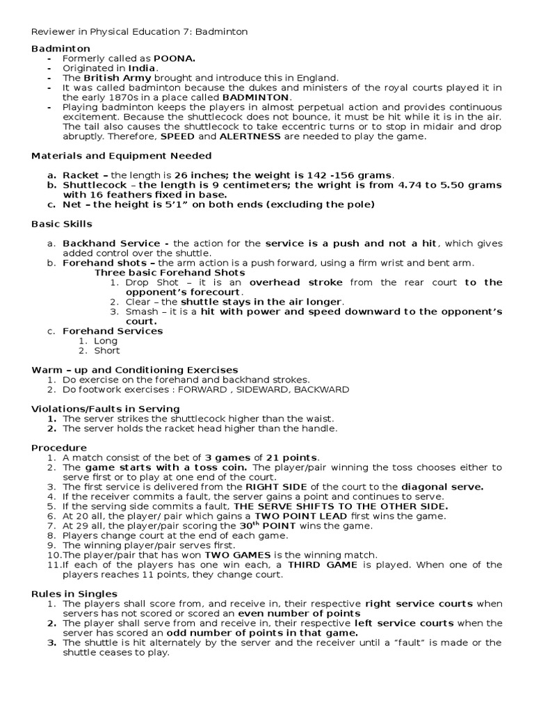 Badminton Notes | PDF | Ball Games | Hobbies