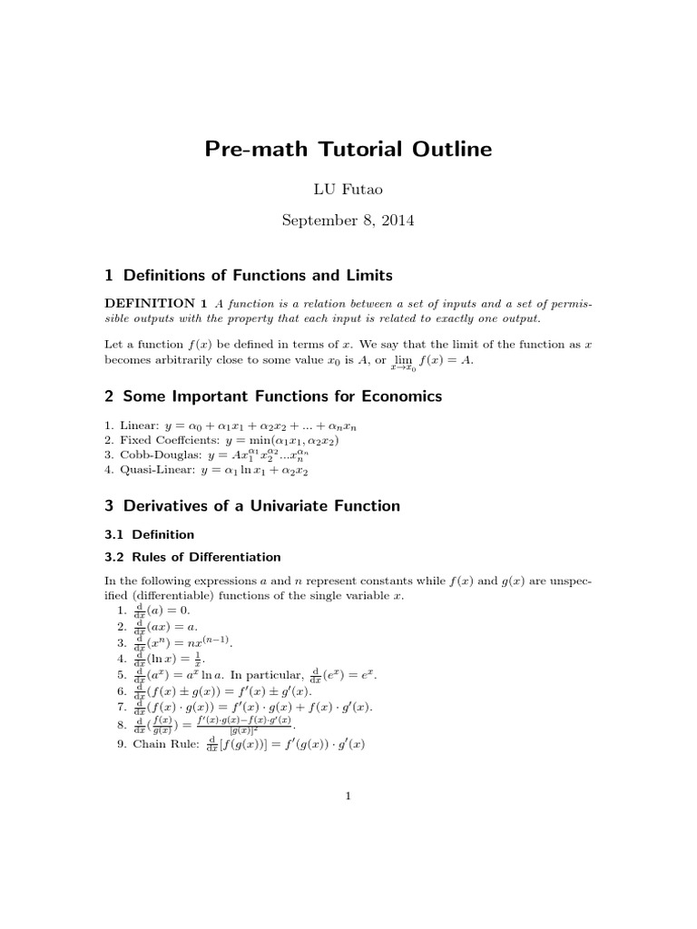 Pre-Math Tutorial Outline: LU Futao September 8, 2014 | PDF