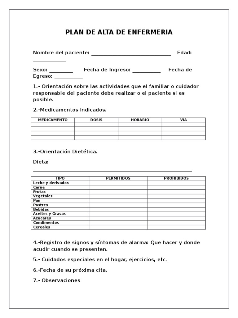 Formato Plan de Alta de Enfermeria
