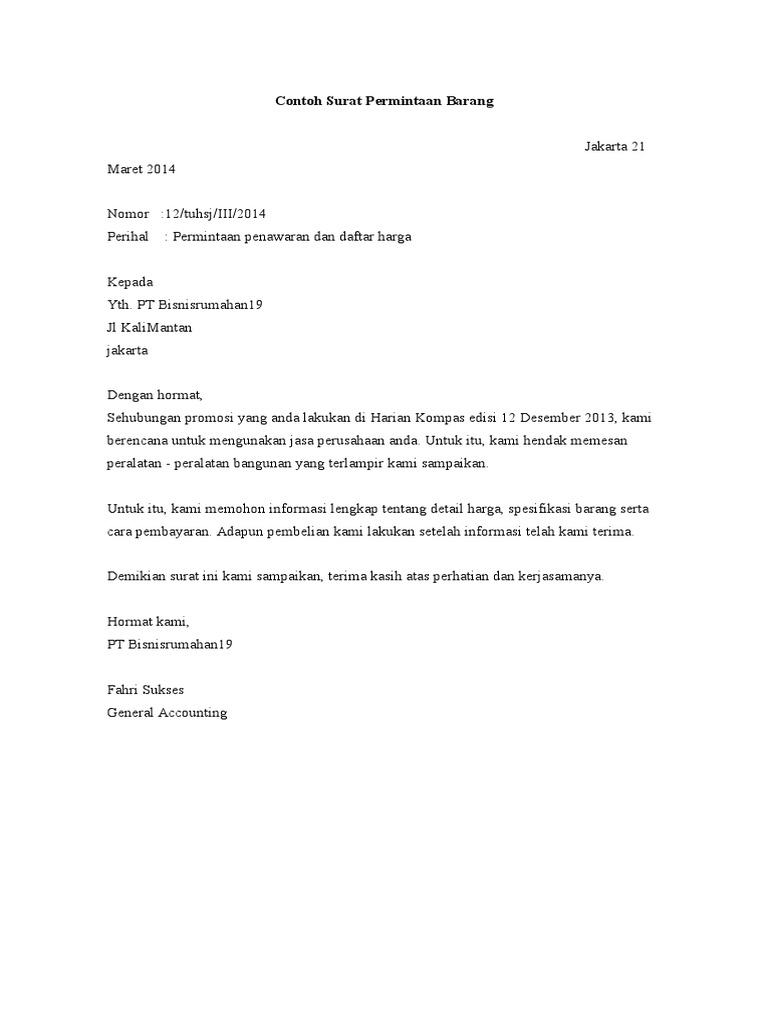 Contoh Surat Permintaan Barang | PDF
