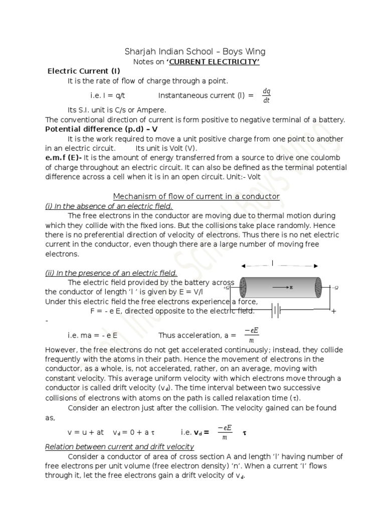 Notes On Current Electricity | PDF | Electric Current | Electrical ...