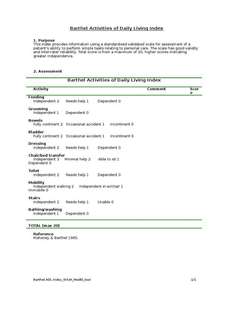 Barthel ADL Index SVUH MedEL Tool | PDF
