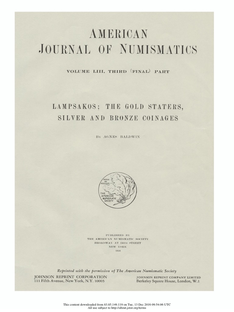 Lampsakos: The Gold Staters, Silver and Bronze Coinages / by Agnes ...