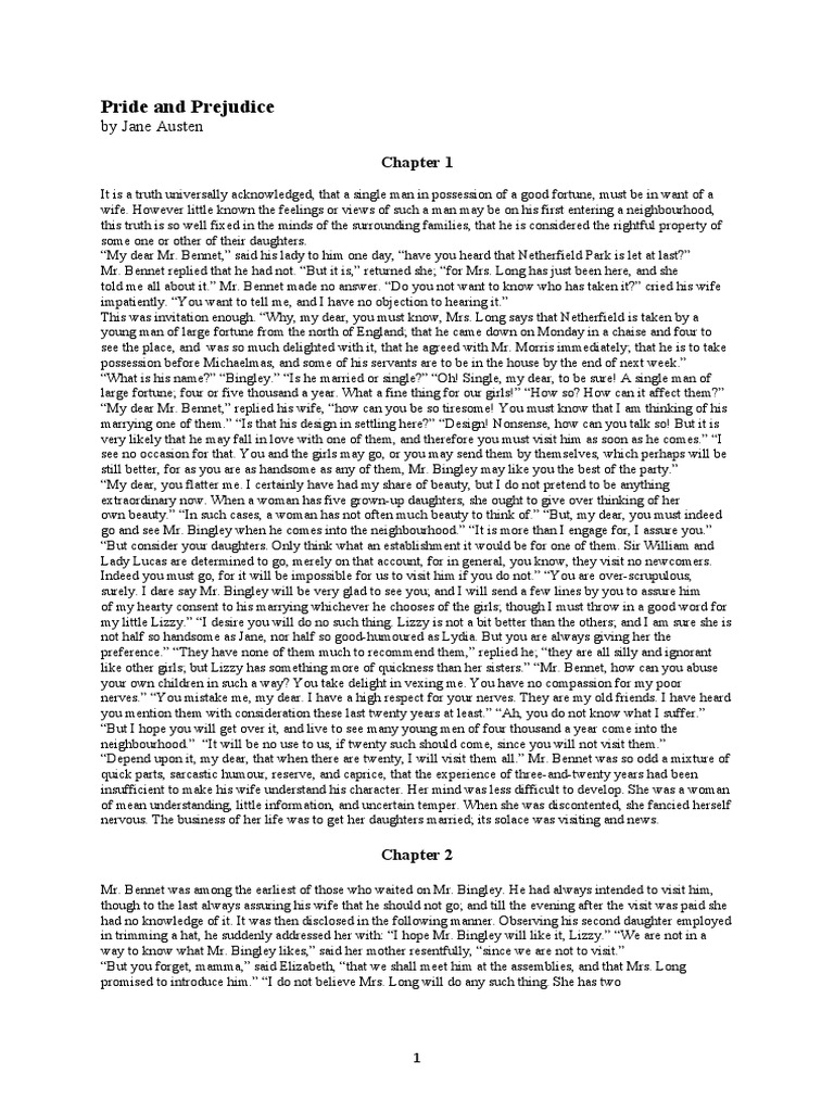 Pride and Prejudice: Chapter 1 Summary | PDF | Pride And Prejudice | Mr ...
