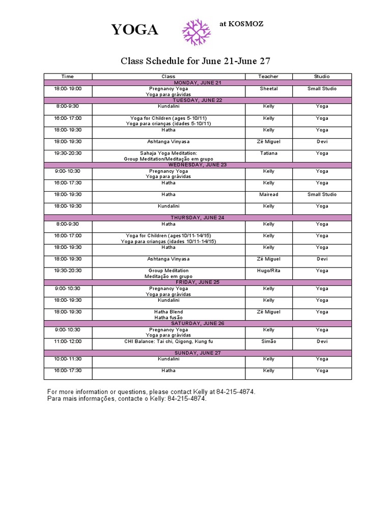 Weekly Yoga Schedule: June 21-27 | PDF | Yoga | Hatha Yoga