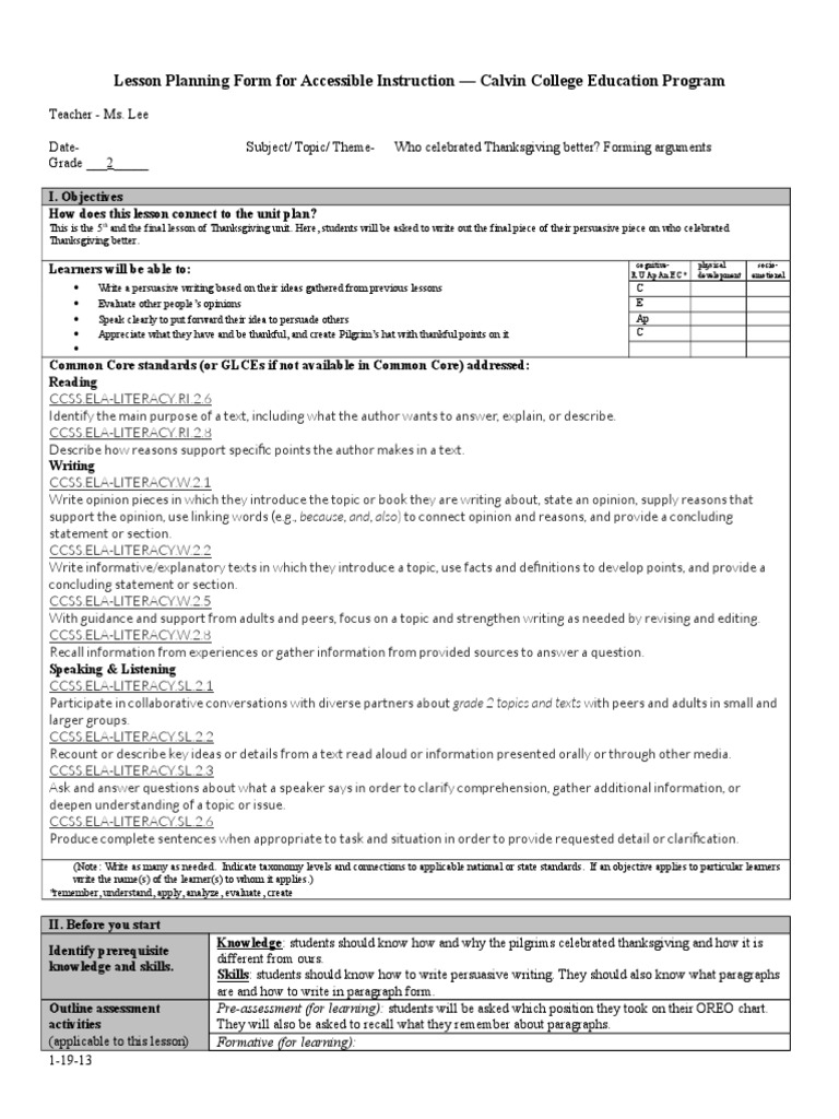 Lesson Planning Form For Accessible Instruction - Calvin College ...
