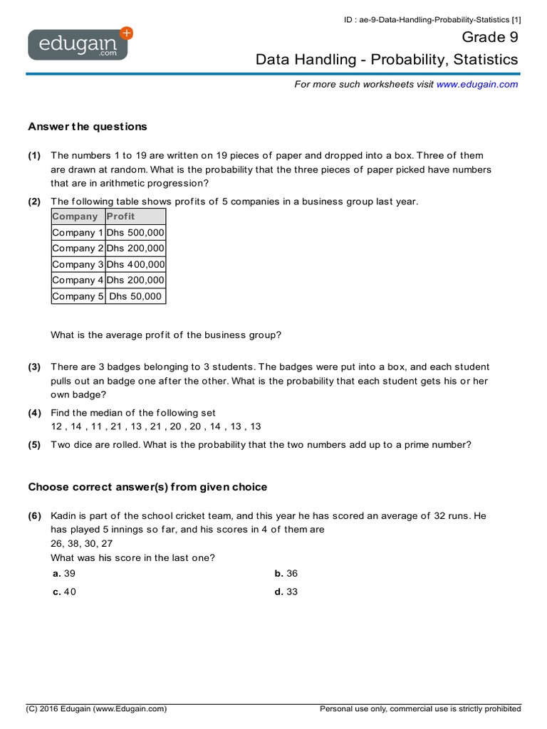 Grade 9 Data Handling Probability Statistics Ae | Workweek And Weekend ...