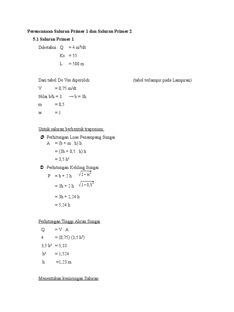 Perencanaan Saluran Primer 1 Dan Saluran Primer 2 | PDF