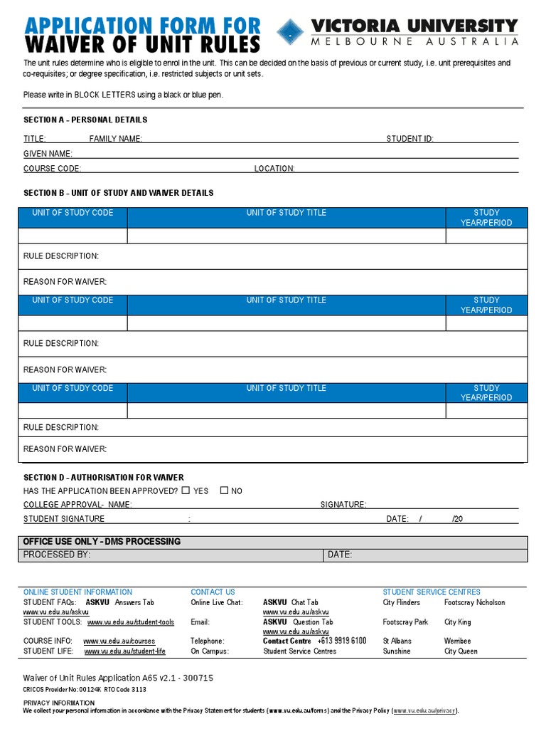 A65 Application For Waiver of Unit Rules | PDF
