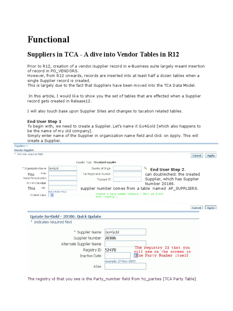 Functional: Suppliers in TCA - A Dive Into Vendor Tables in R12 | PDF