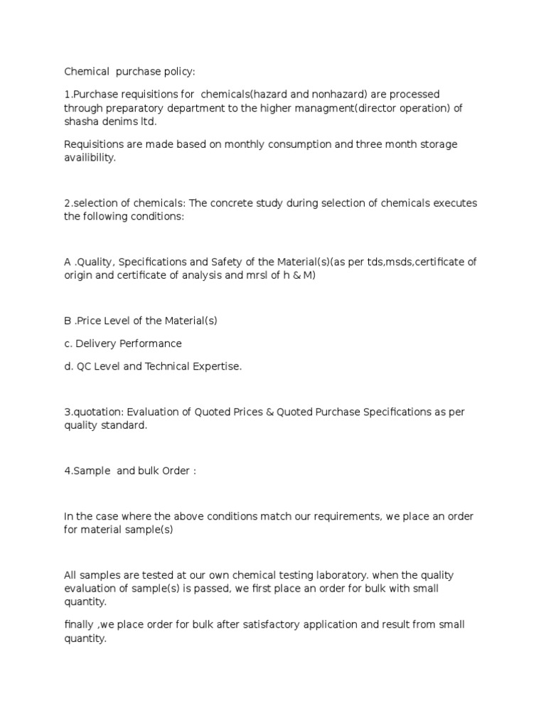 Chemical Purchase Policy | Safety