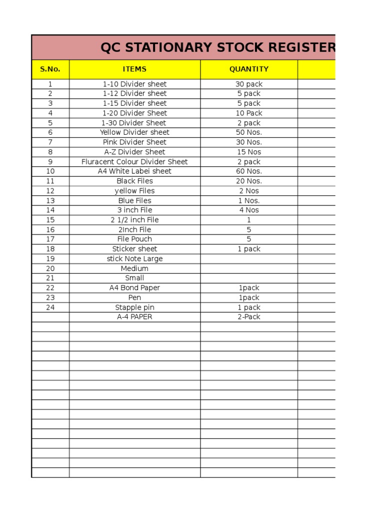 QC Stationary Stock Register | PDF