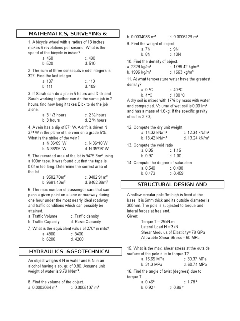 MATHEMATICS, SURVEYING & HYDRAULICS PRACTICE TEST | PDF | Density ...