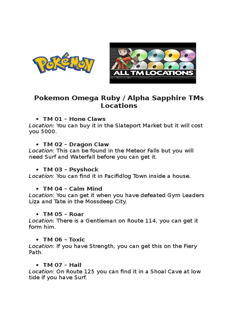 Pokemon ORAS TM Locations Guide | PDF | Pokémon | Nintendo Franchises
