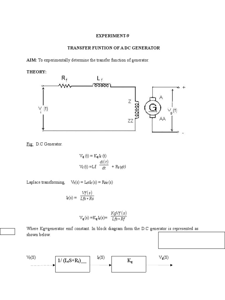Experiment-9 Transfer Funtion of A DC Generator AIM: To Experimentally ...