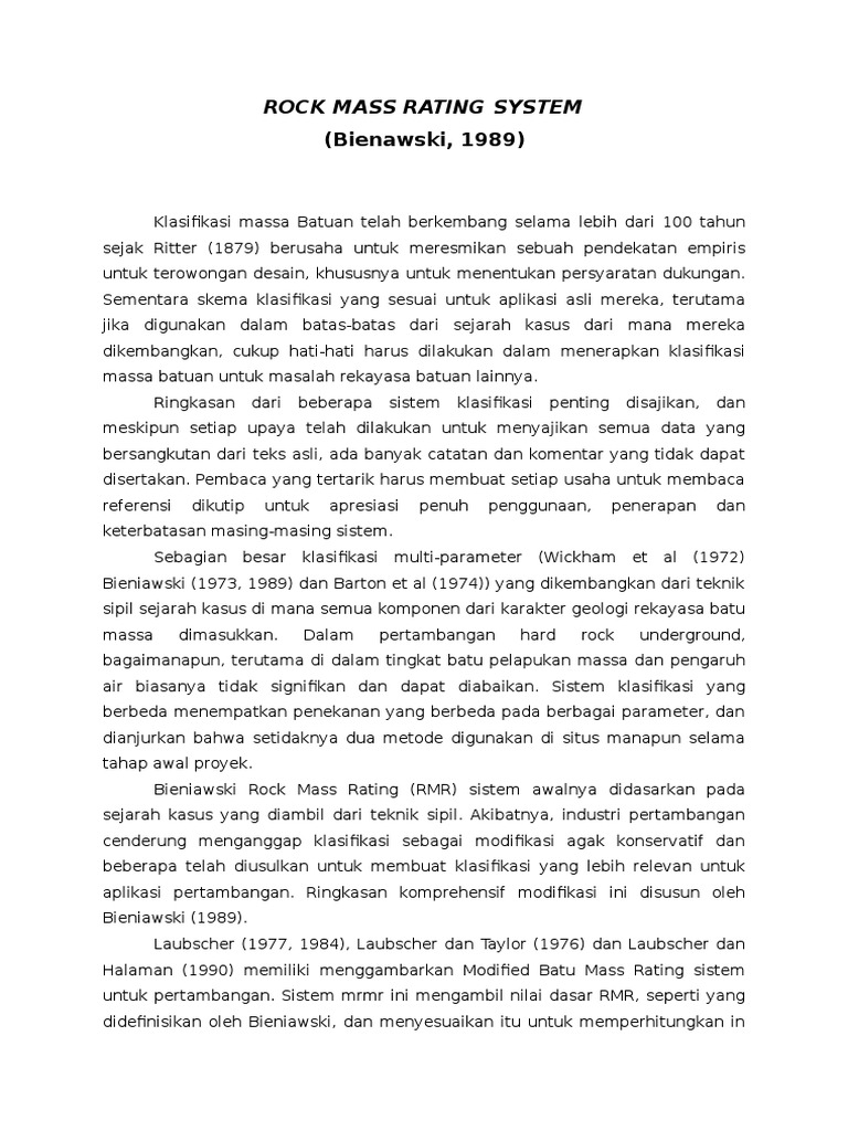 Sistem Klasifikasi Massa Batuan RMR | PDF