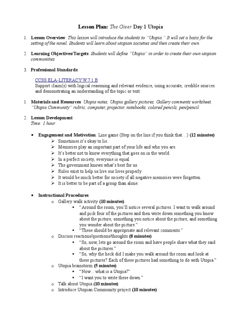 Lesson Plan Day 1 Utopia | PDF | The Giver | Utopia