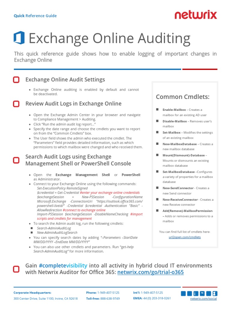 Exchange Online Auditing Quick Reference Guide | PDF