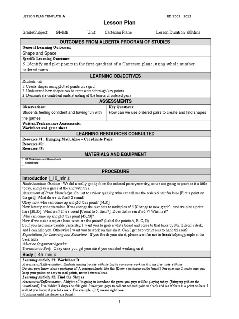math lesson plan - cartesian plane 2 | Lesson Plan | Cartesian ...
