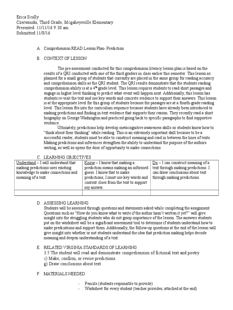 Third Grade Prediction Lesson Plan | PDF | Reading Comprehension ...