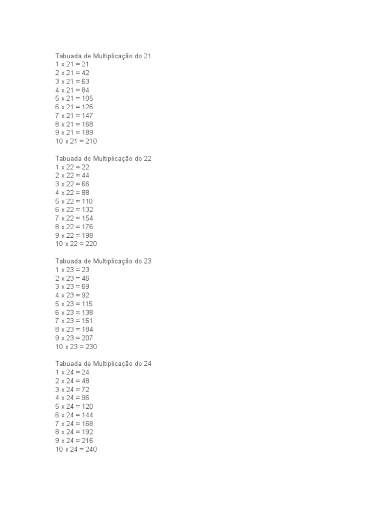 Tabuada de Multiplicação Do 21 Ao 30 | PDF