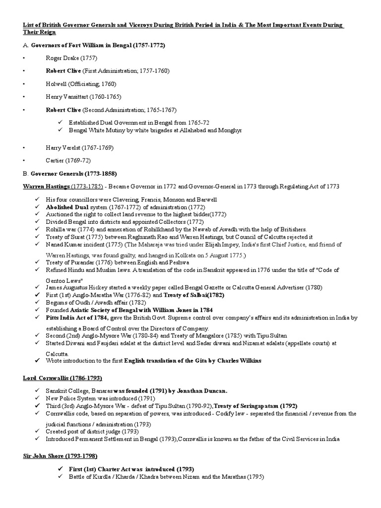 List of British Governor Generals and Viceroys | PDF | East India ...