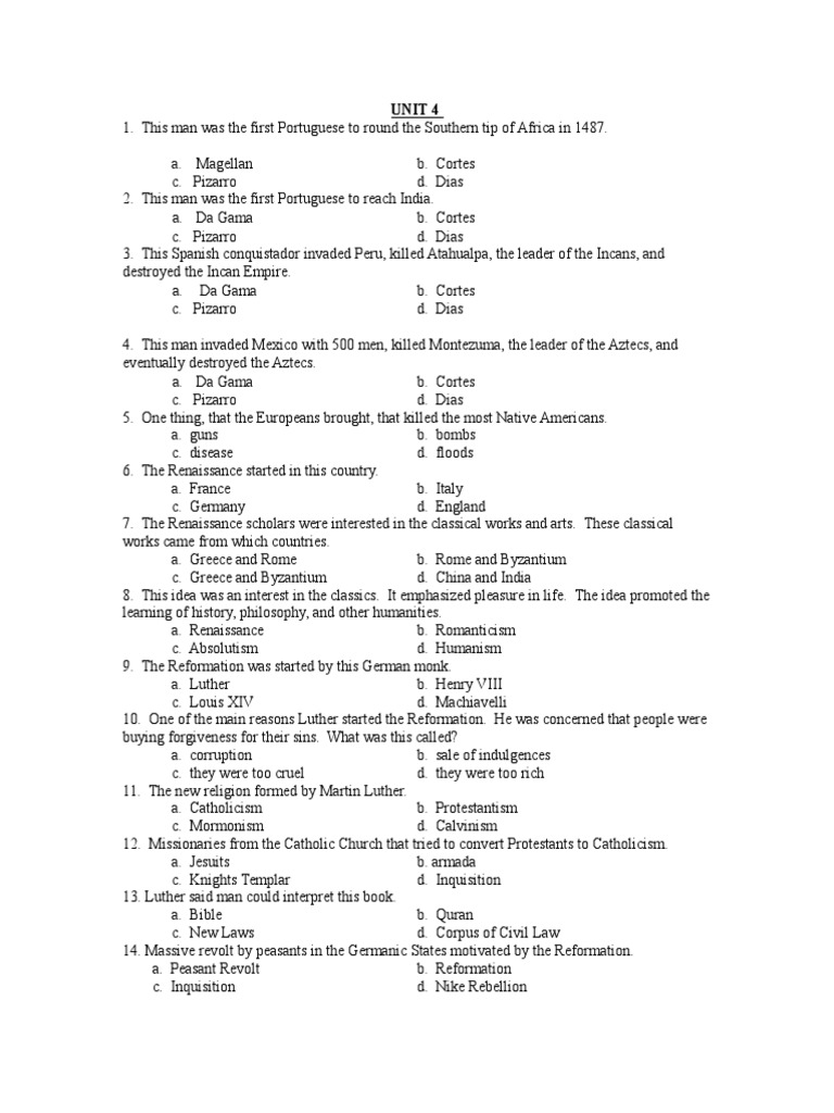 Unit 4 Test | PDF | Protestant Reformation | Renaissance