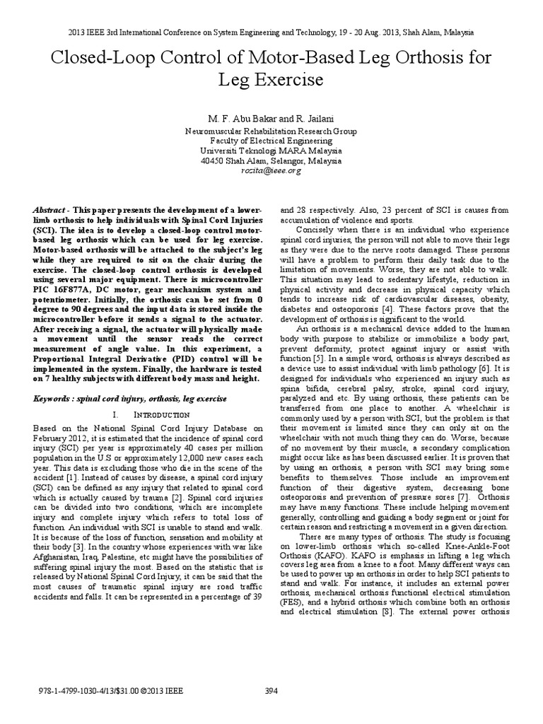 Closed-Loop Control of Motor-Based Leg Orthosis For Leg Exercise | PDF ...
