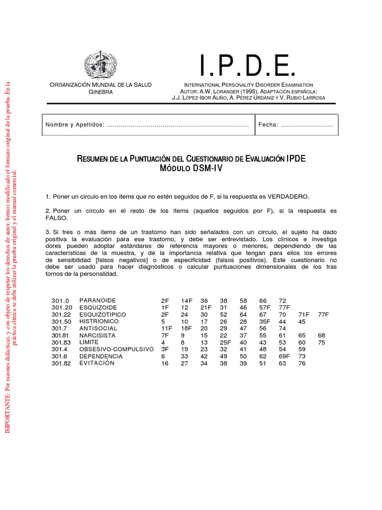 Clave de Correcciób IPDE Modulo DSM-IV | PDF